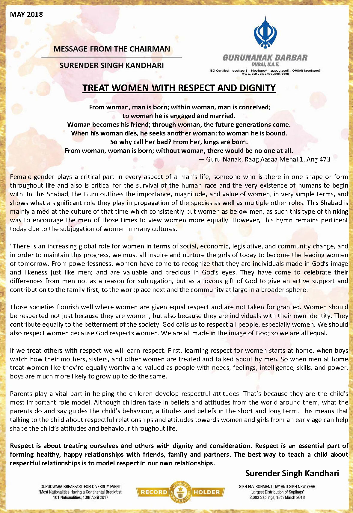 Message from the Chairman – May 2018 – GuruNanak Darbar, Dubai