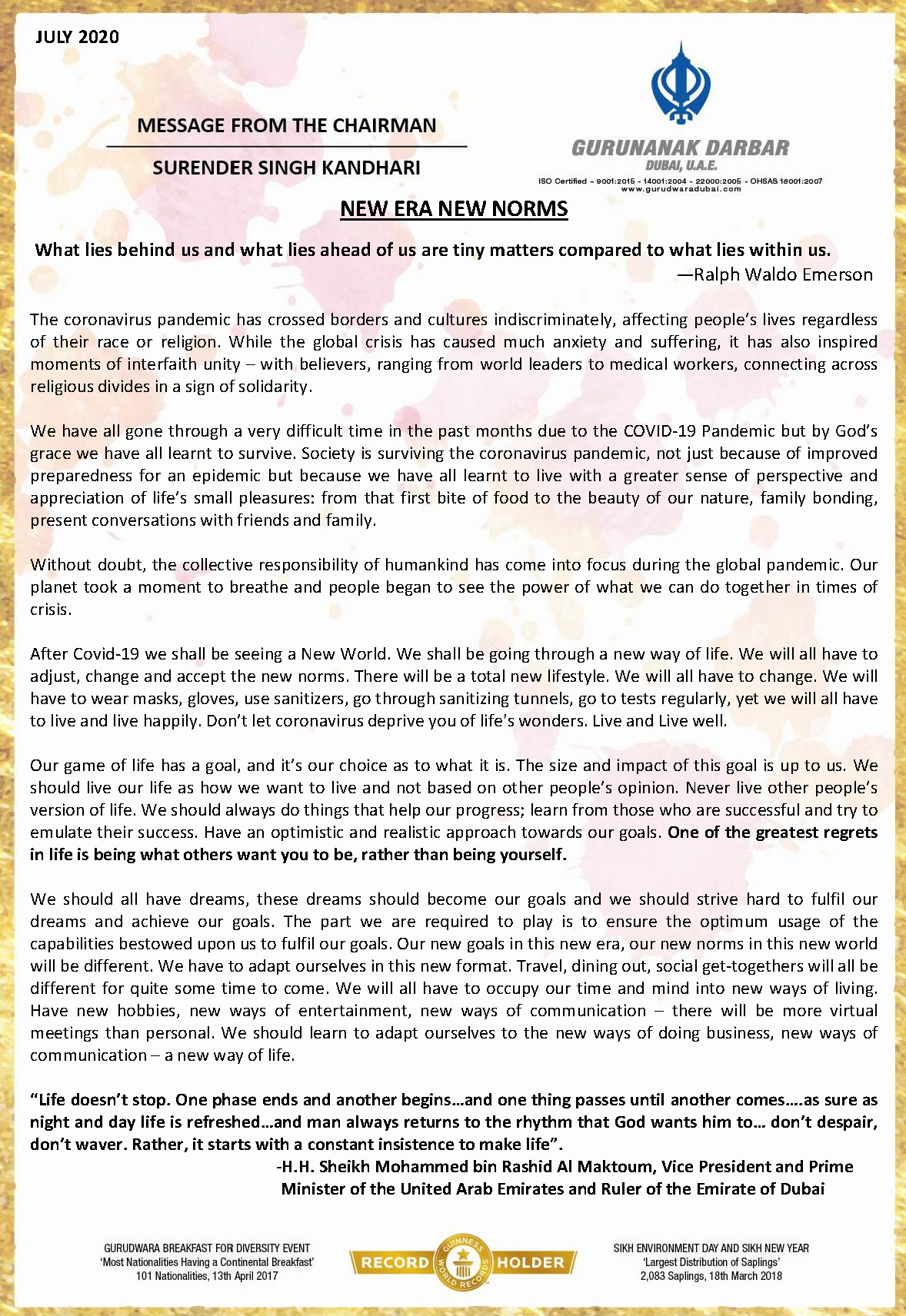 Chairman’s Message JULY 2020 – GuruNanak Darbar, Dubai