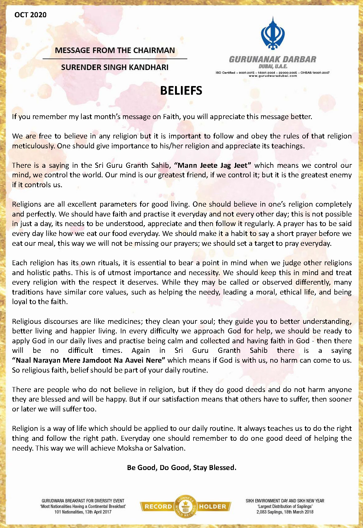 Chairman’s Message October 2020 – GuruNanak Darbar, Dubai