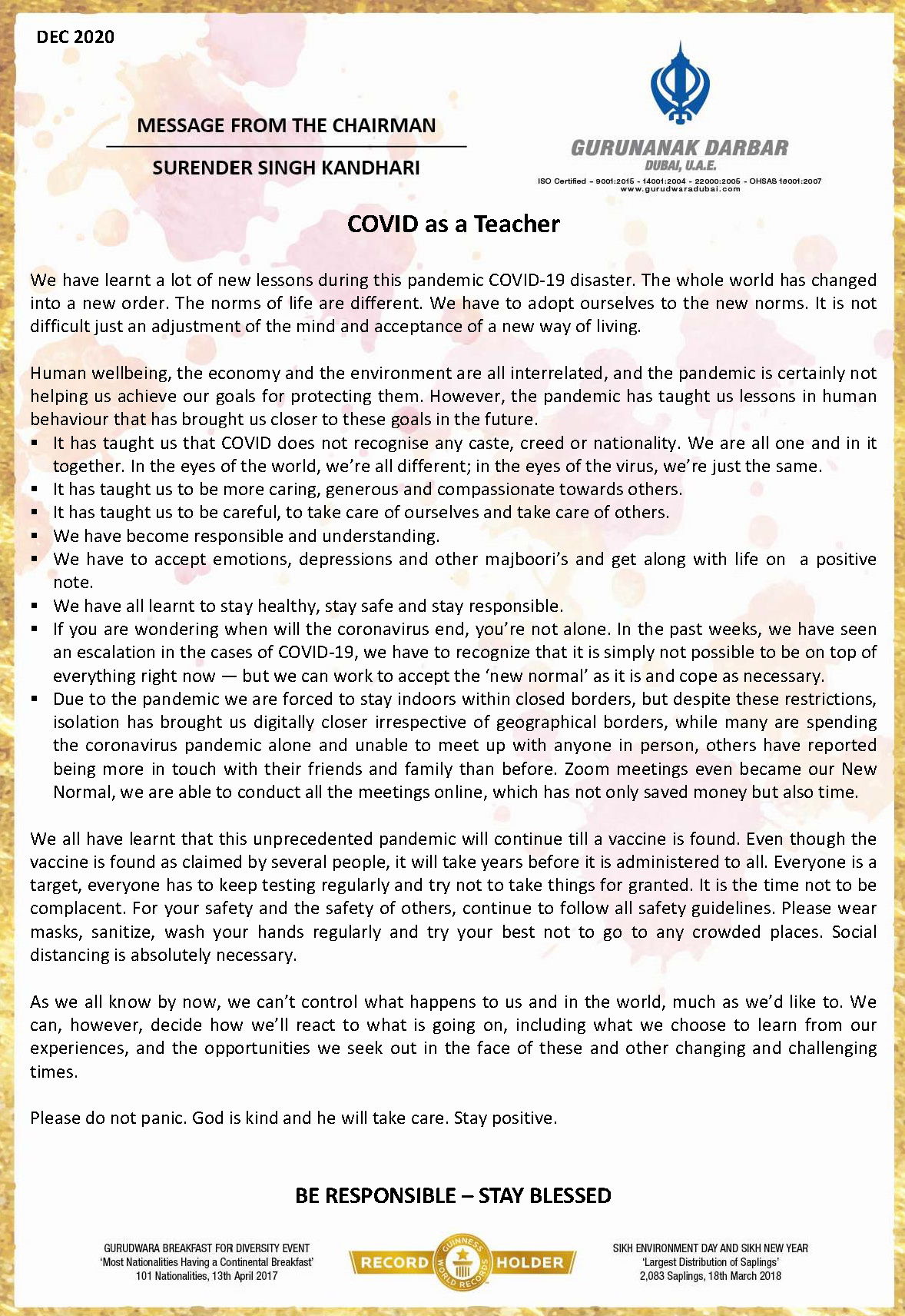 Chairman’s Message December 2020 – GuruNanak Darbar, Dubai