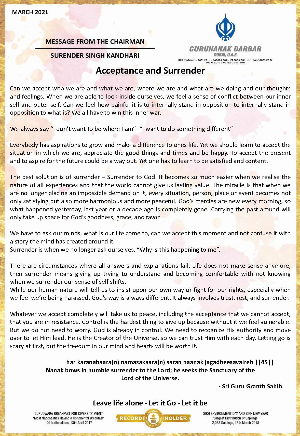 Chairman’s Message March 2021 – GuruNanak Darbar, Dubai