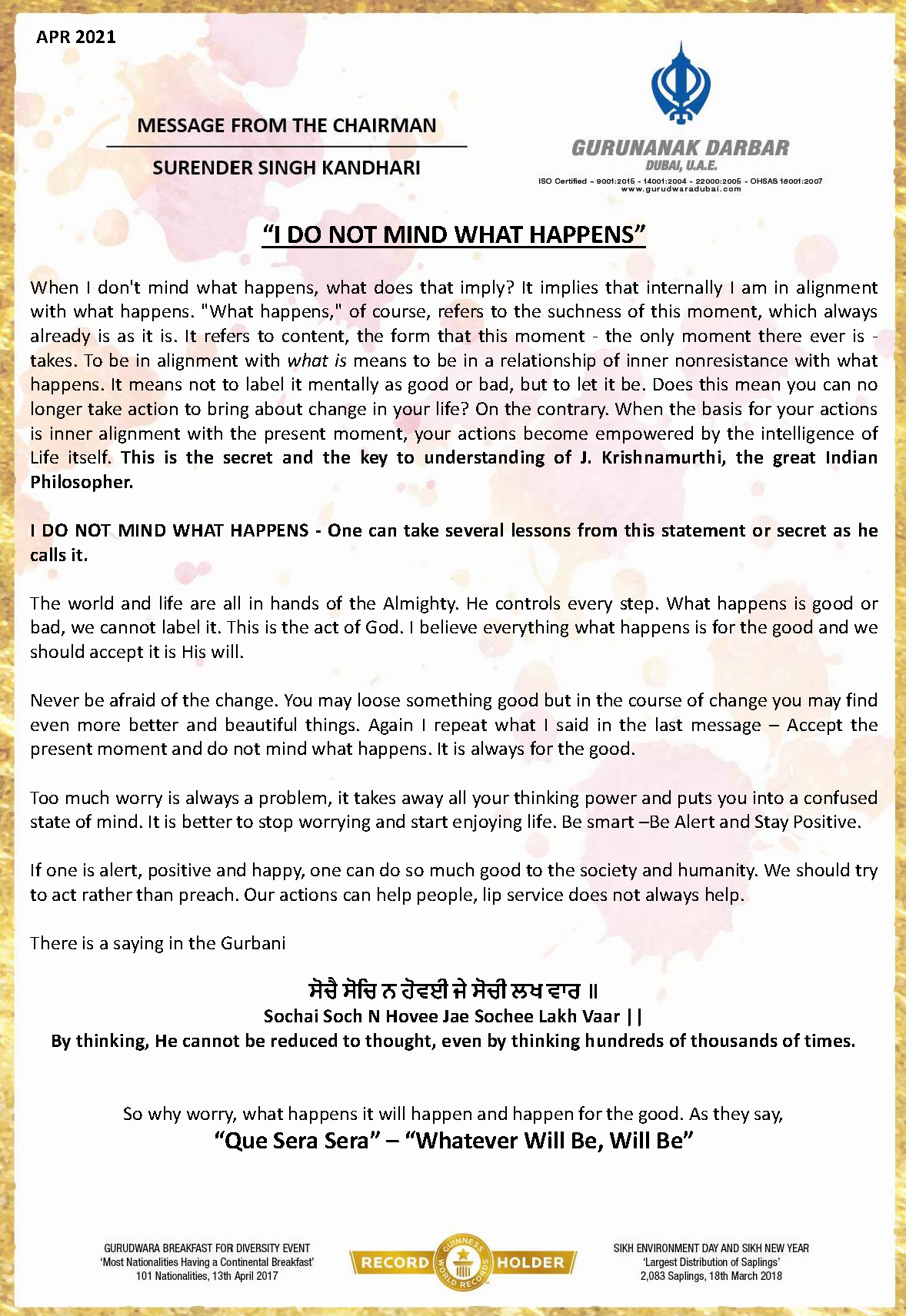 Chairman’s Message April 2021 – GuruNanak Darbar, Dubai