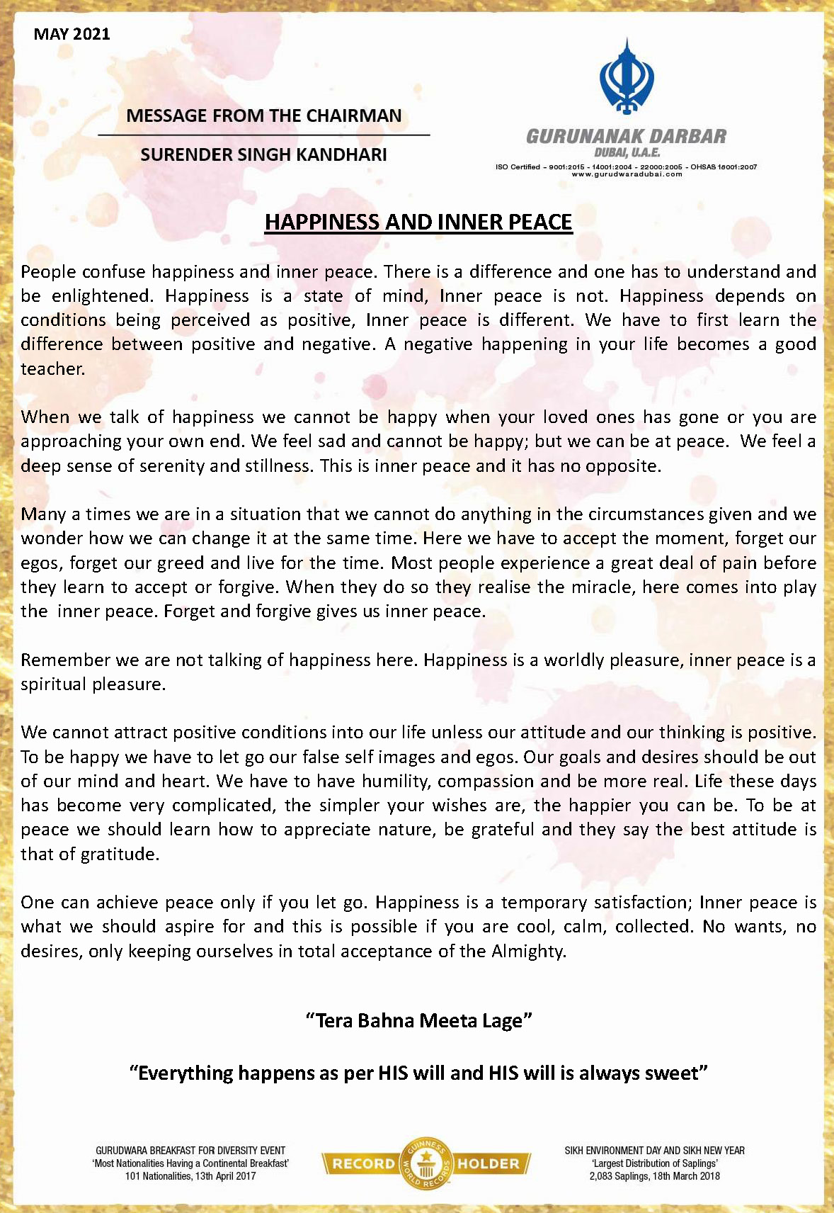 Chairman’s Message May 2021 – GuruNanak Darbar, Dubai