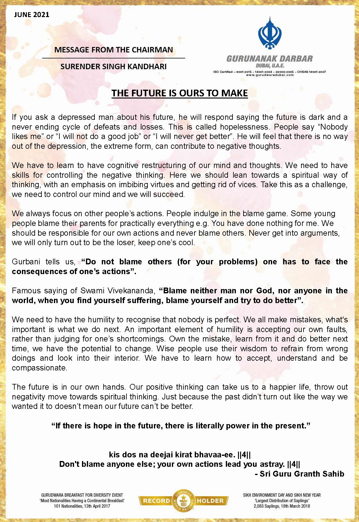 Chairman’s Message June 2021 – GuruNanak Darbar, Dubai