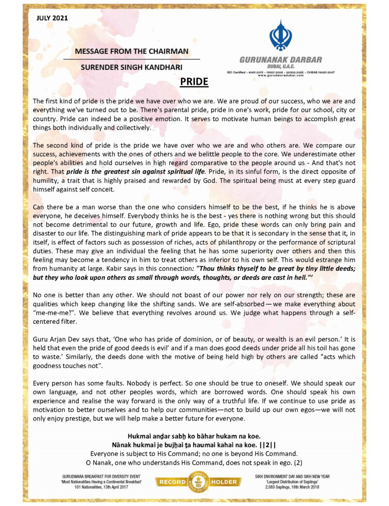 Chairman’s Message July 2021 – GuruNanak Darbar, Dubai