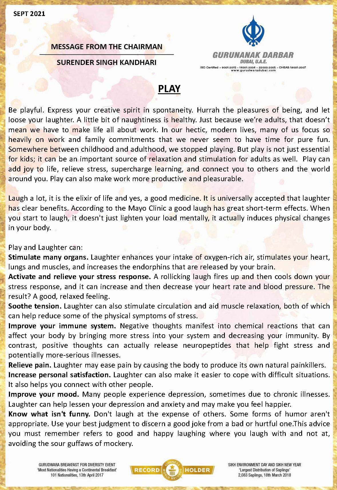 Chairman’s Message Sep 2021 – GuruNanak Darbar, Dubai