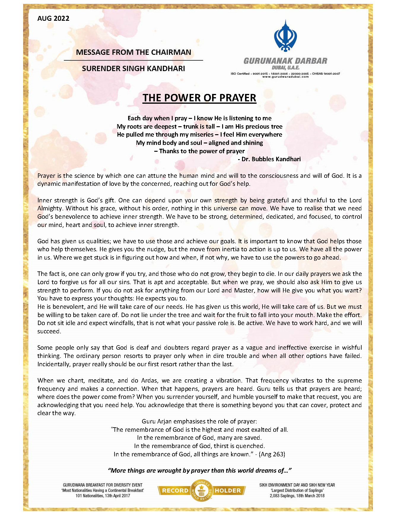 Chairman’s Message August 2022 – GuruNanak Darbar, Dubai