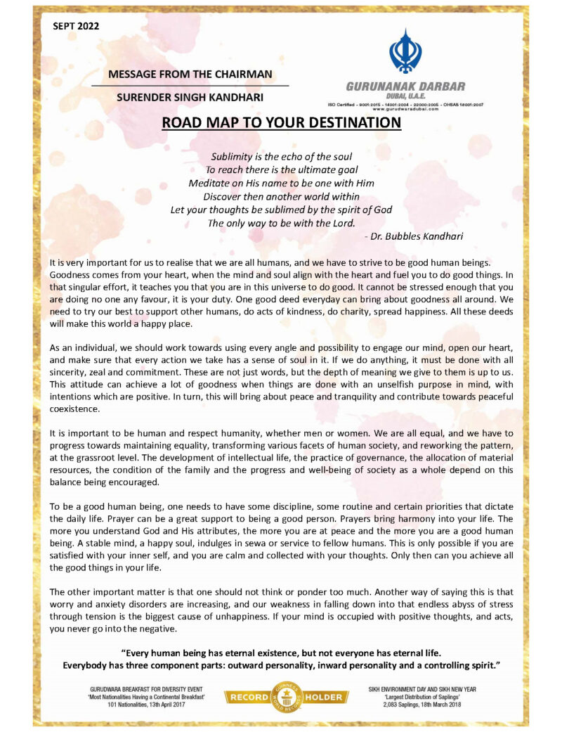 Chairman’s Message Sept 2022 – GuruNanak Darbar, Dubai