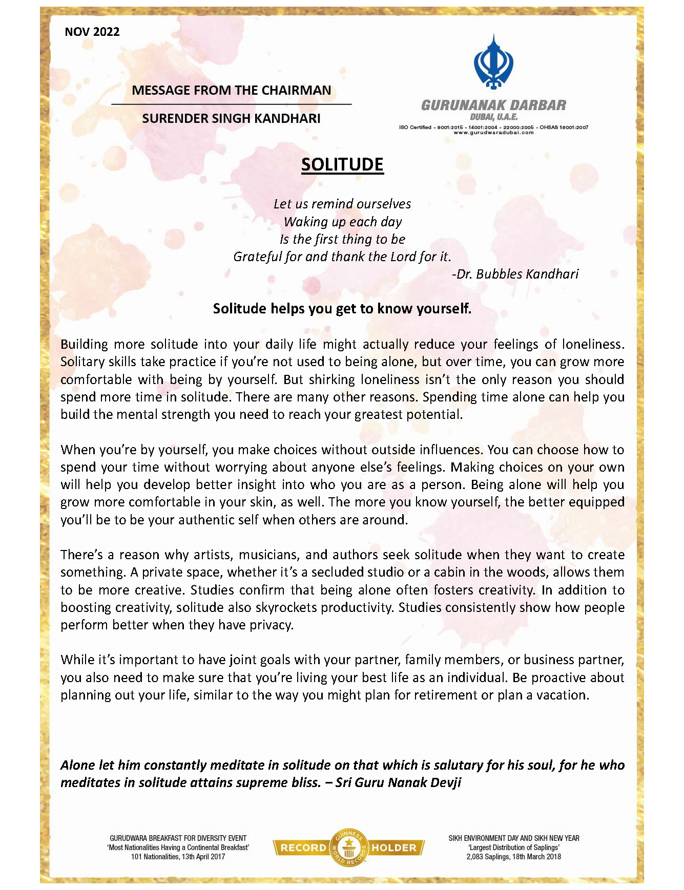 Chairman’s Message November 2022 – GuruNanak Darbar, Dubai