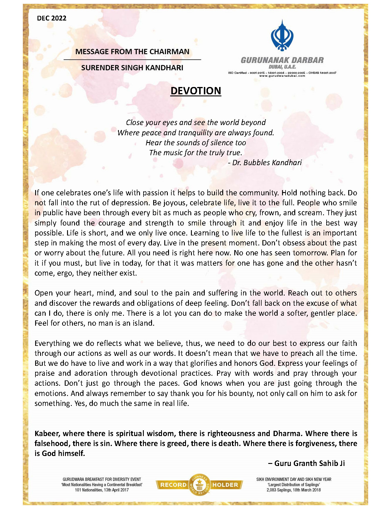 Chairman’s message Dec 2022 – GuruNanak Darbar, Dubai