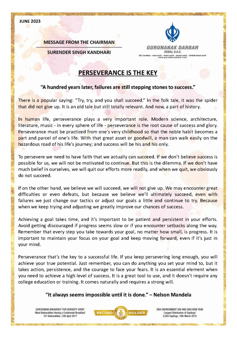 Chairman’s Message June 2023 – GuruNanak Darbar, Dubai