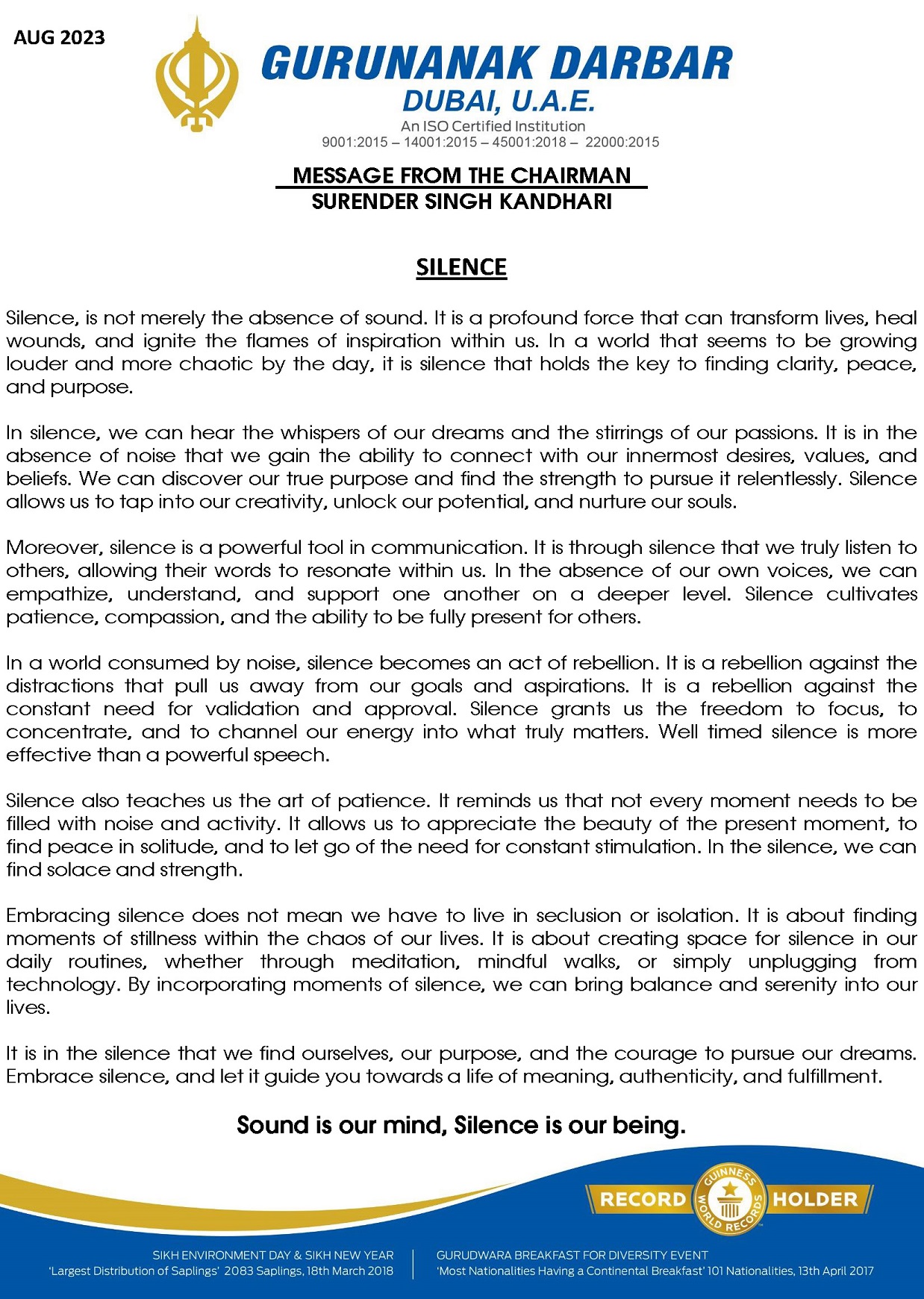 Chairman’s message August 2023 – GuruNanak Darbar, Dubai