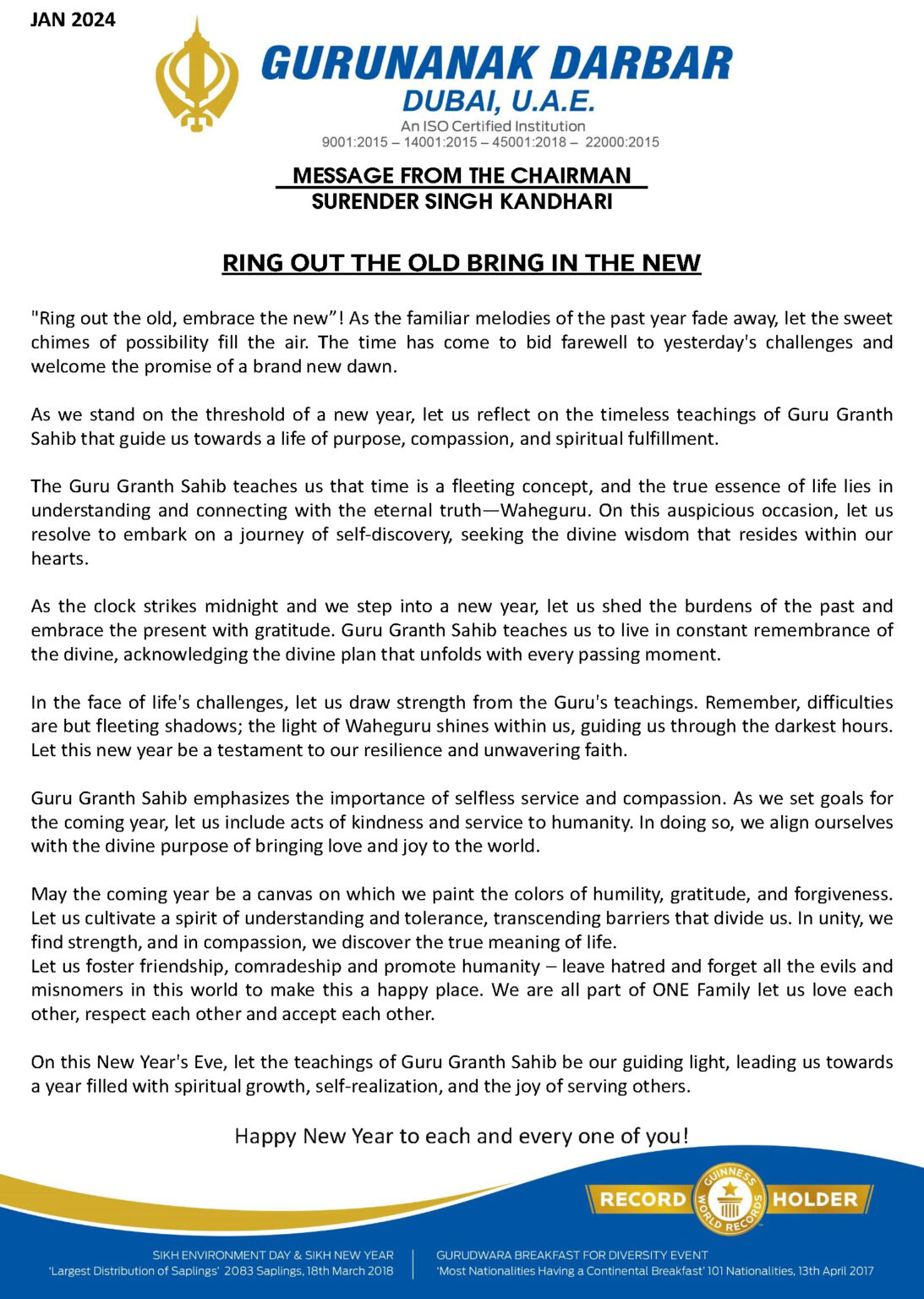 Chairman’s Message January 2024 – GuruNanak Darbar, Dubai