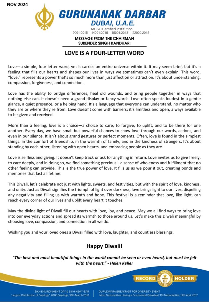 Chairman’s Message November 2024 – GuruNanak Darbar, Dubai