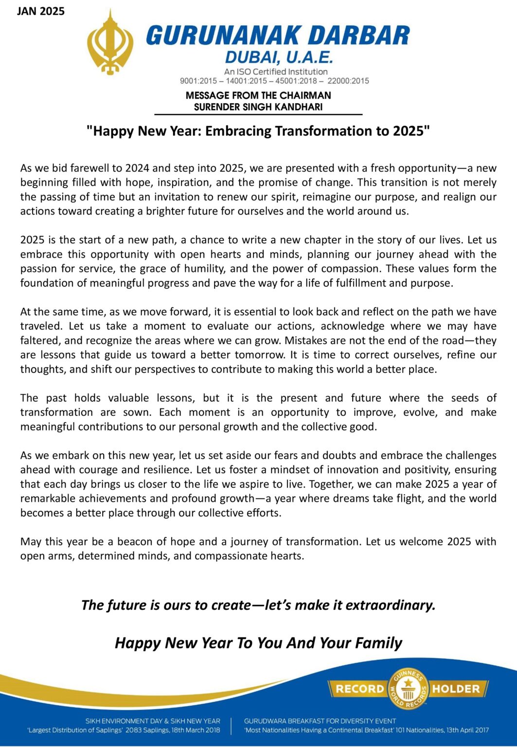 Chairman’s Message January 2025 – GuruNanak Darbar, Dubai