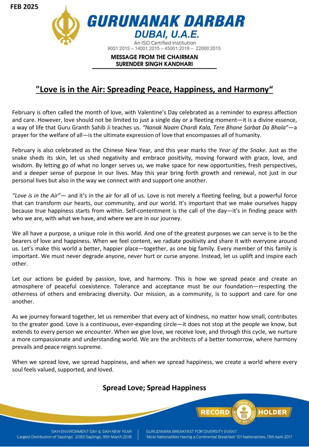 Chairman’s Message February 2025 – GuruNanak Darbar, Dubai
