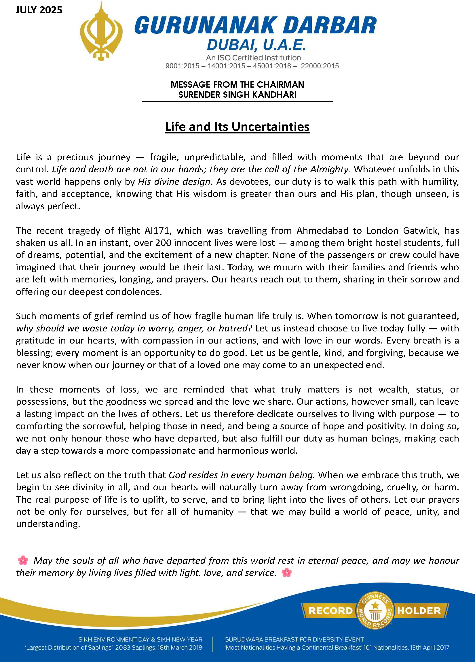 Chairman’s message July 2025 – GuruNanak Darbar, Dubai
